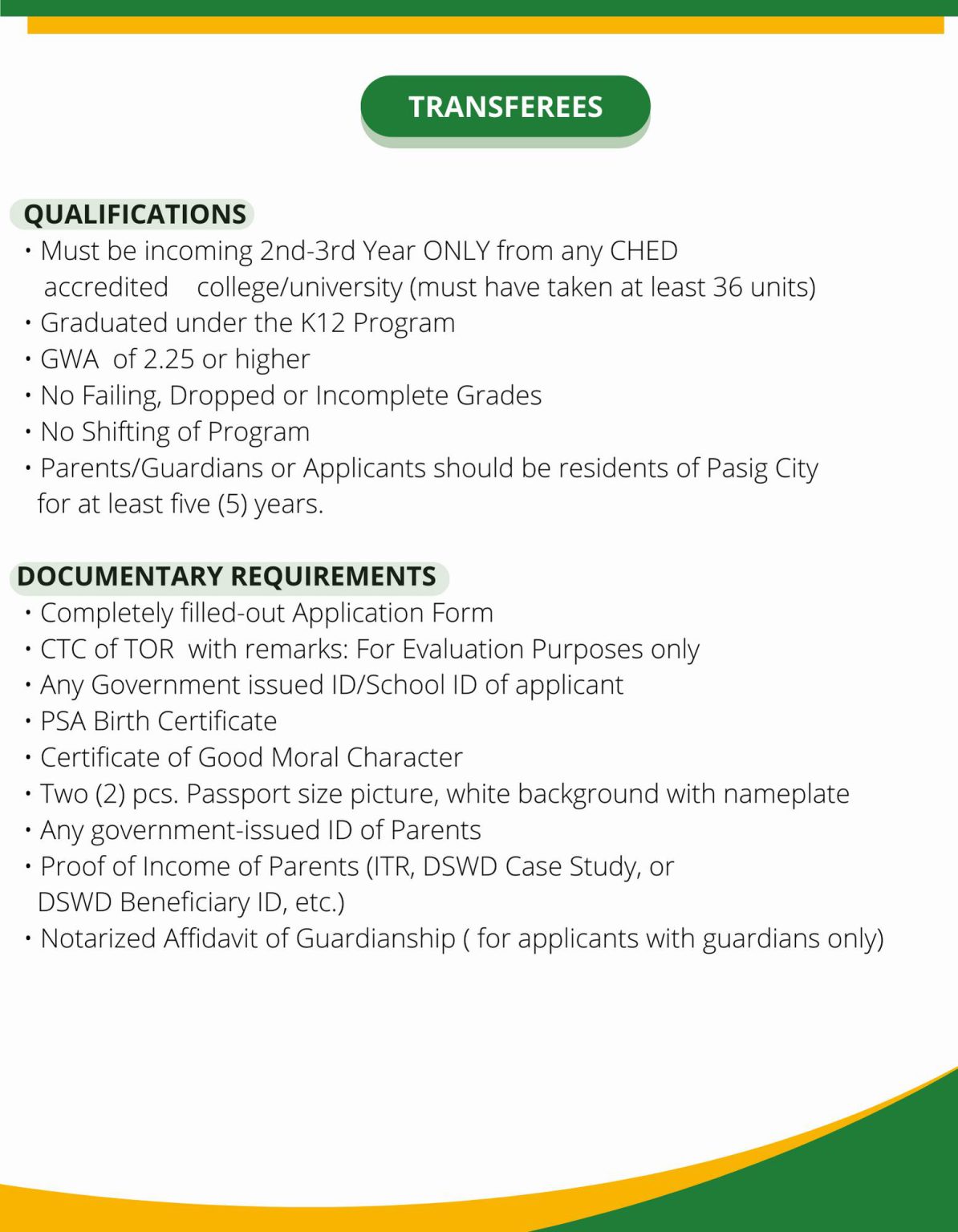 Admission Requirements - Pamantasan ng Lungsod ng Pasig